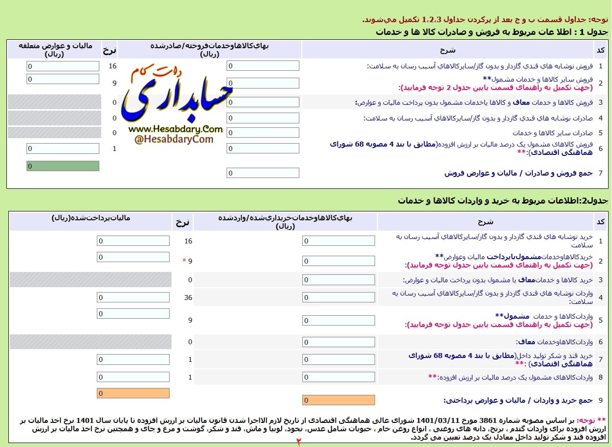 فرم اظهارنامه مالیات بر ارزش افزوده فصل تابستان ۱۴۰۱ حسابداری دات کام